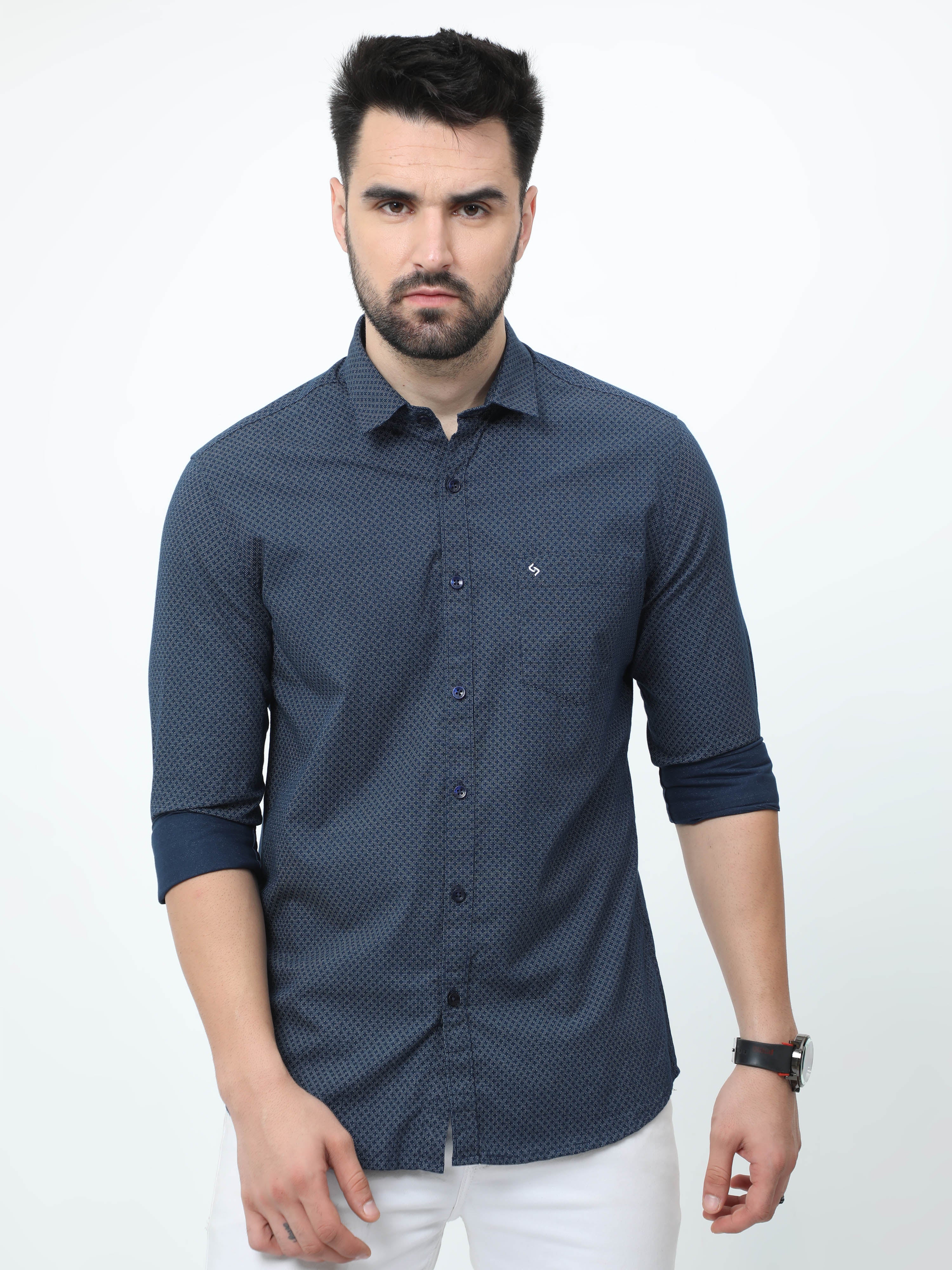 Classic Polo Mens Pure Cotton Full Sleeves Printed Slim Fit Polo Neck