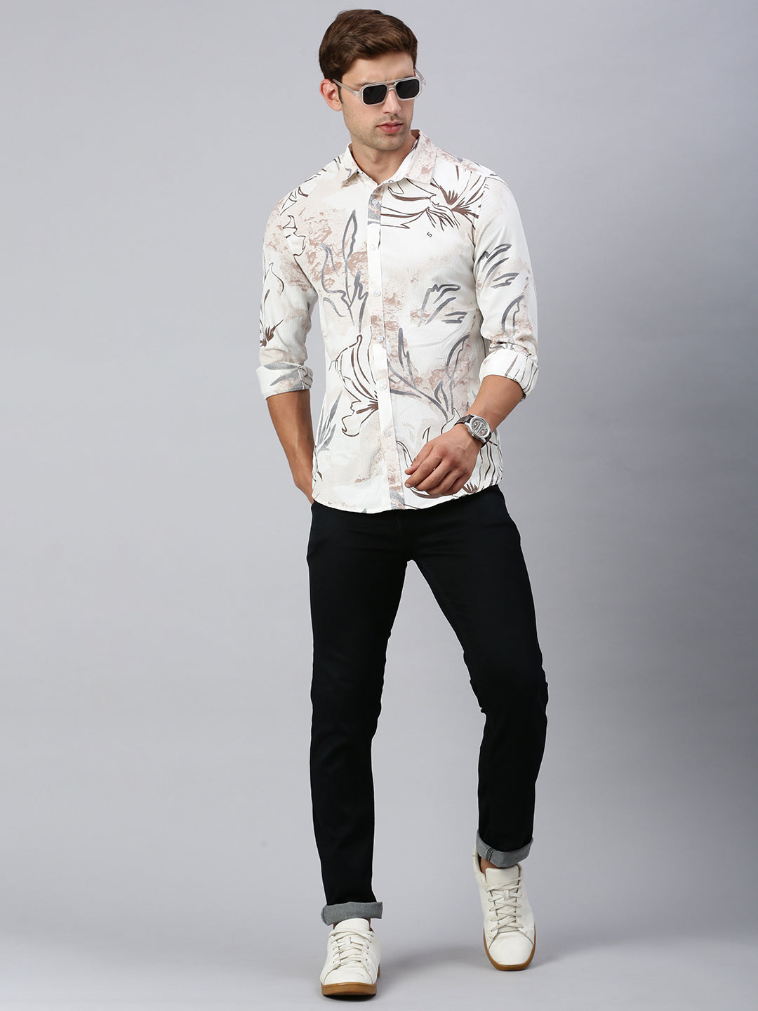 Classic Polo Men's Full Sleeve White/Brown Polo Neck Slim Fit Printed