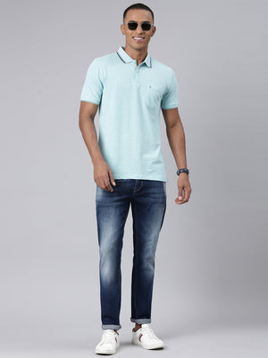 Classic Polo Mens Solid Aqua Blue Polo Neck Slim Fit T-Shirt | TOY-TOZ